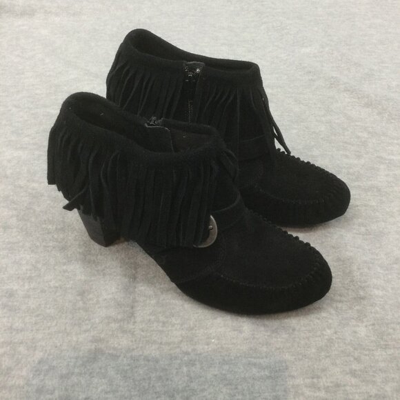Born | Shoes | Born Booties 9 Black Moccassin Heel Fringe Zip Buckle ...